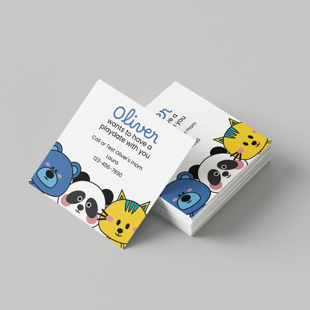 Printable Animal Friends Playdate Cards, Kid's Business Card, Contact ...
