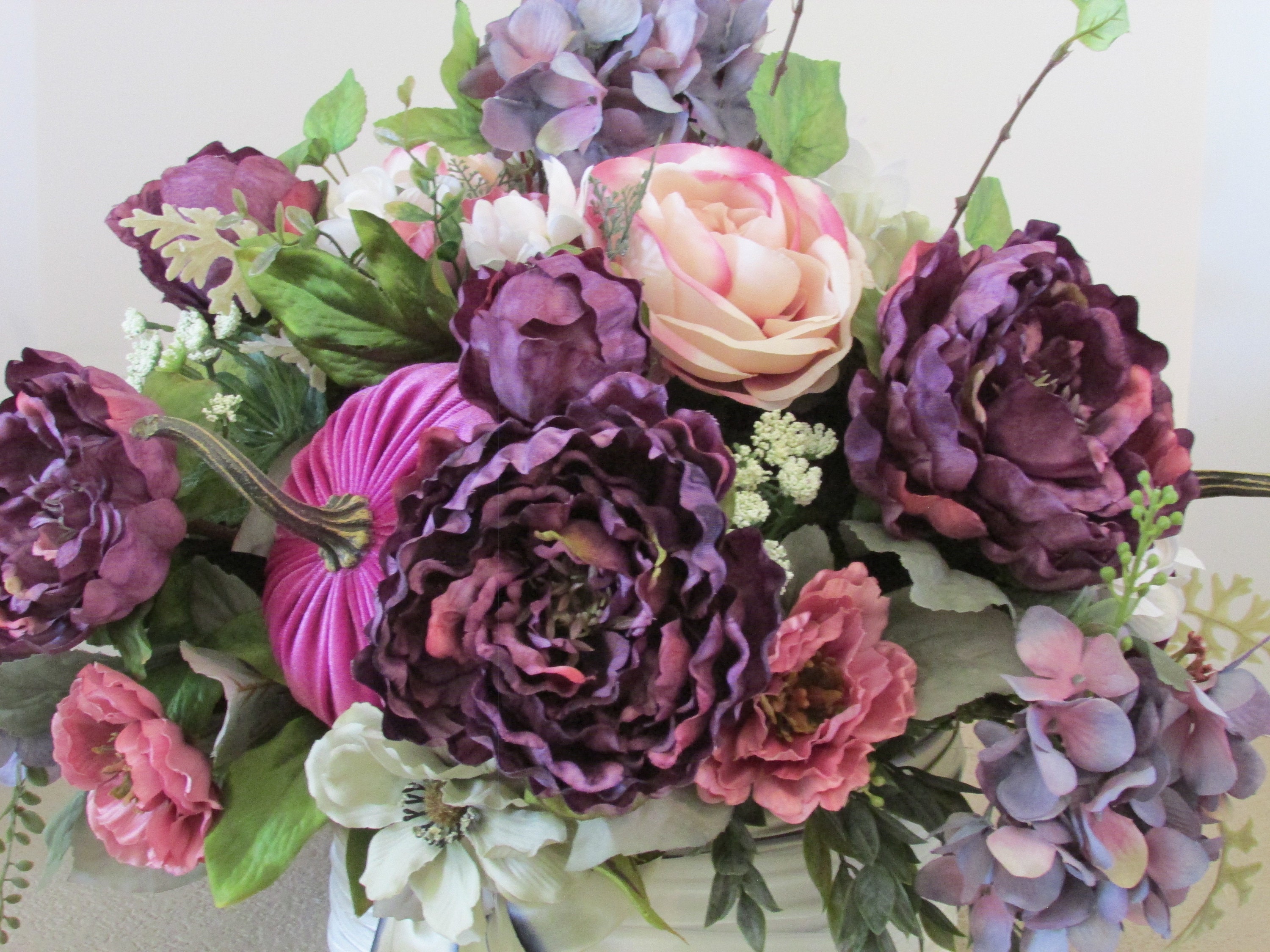 Silk Floral Centerpiece, Floral Arrangement With Velvet Pumpkins, Silk ...