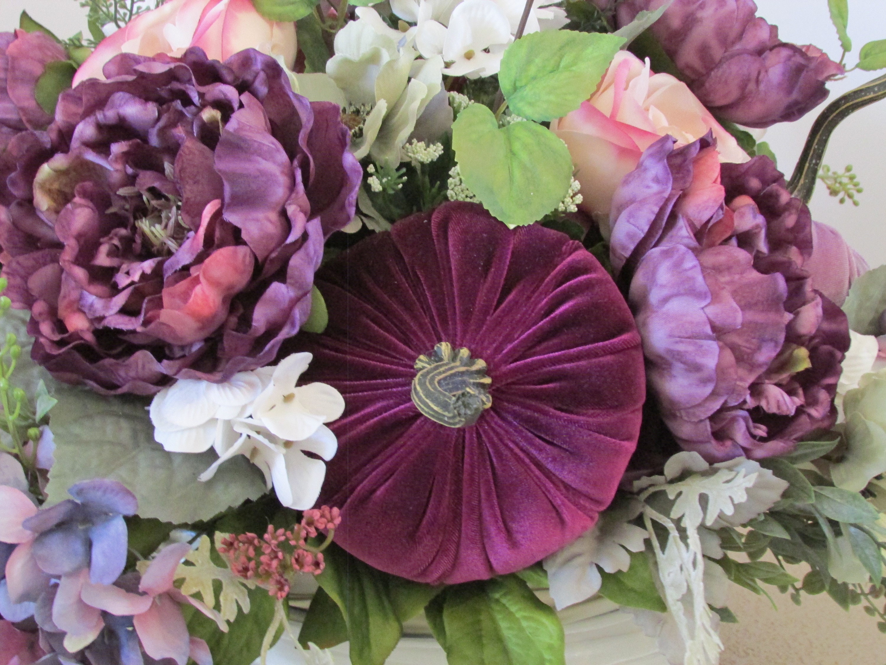 Silk Floral Centerpiece, Floral Arrangement With Velvet Pumpkins, Silk ...