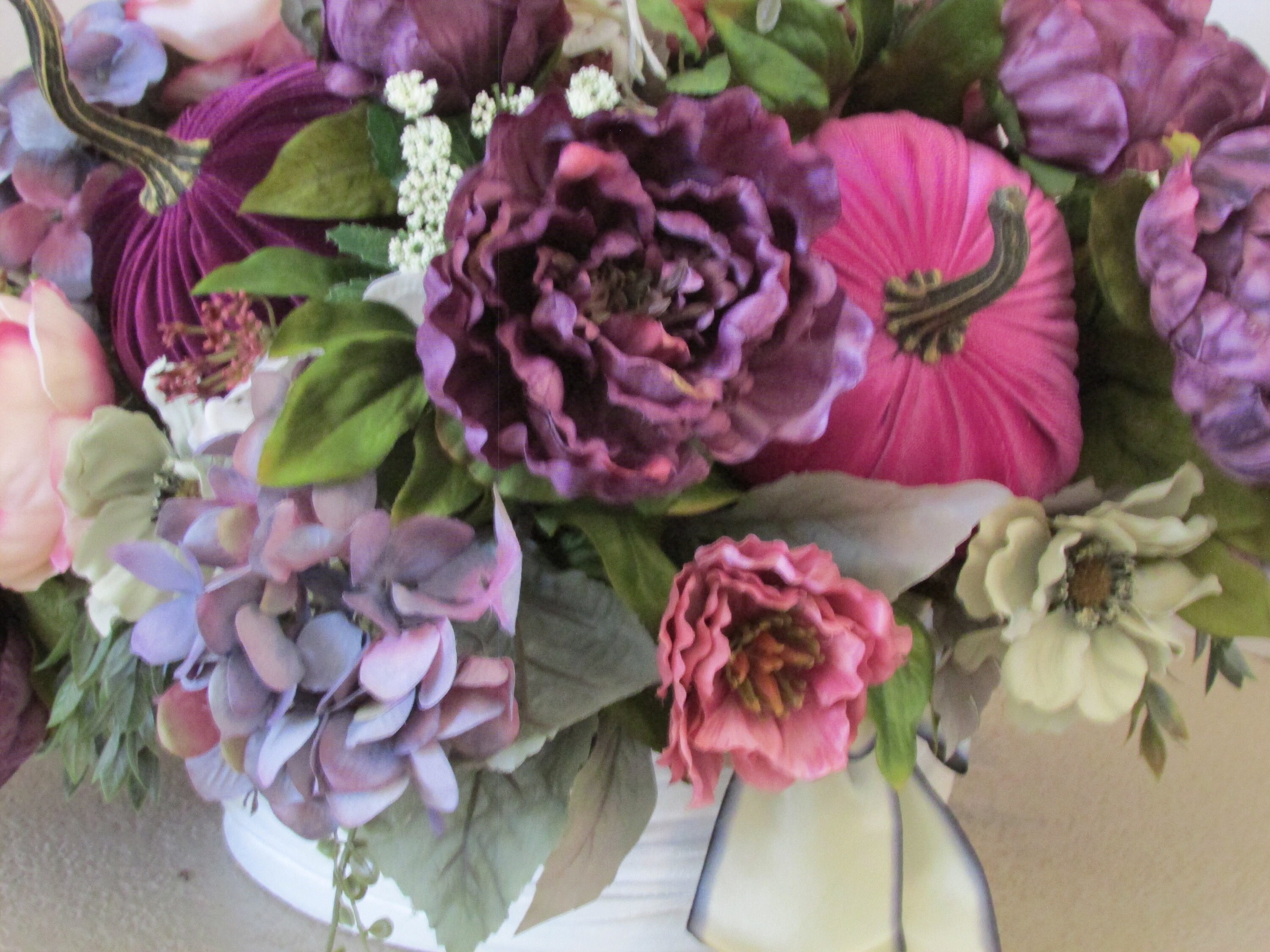 Silk Floral Centerpiece, Floral Arrangement With Velvet Pumpkins, Silk ...