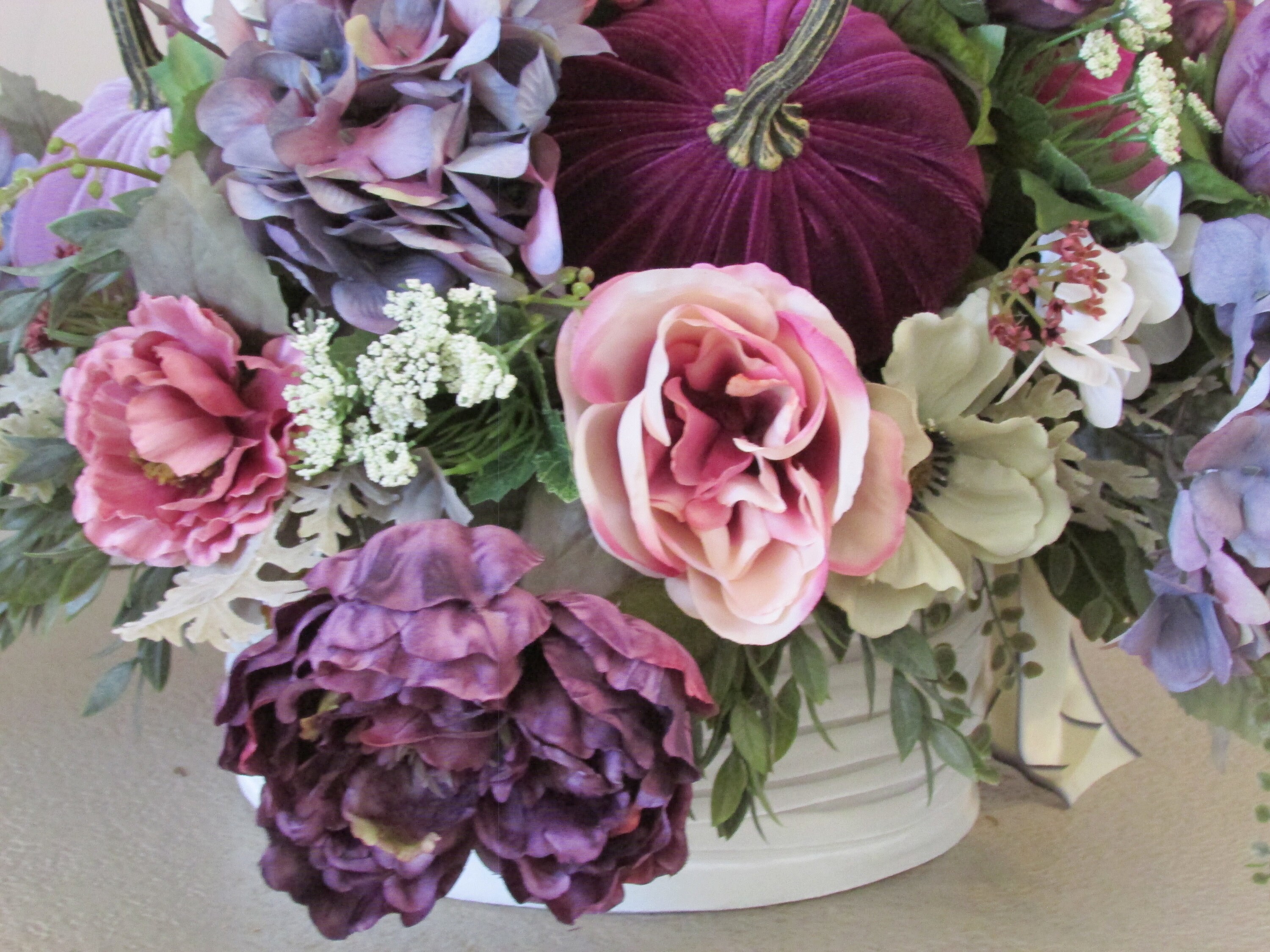 Silk Floral Centerpiece, Floral Arrangement With Velvet Pumpkins, Silk ...