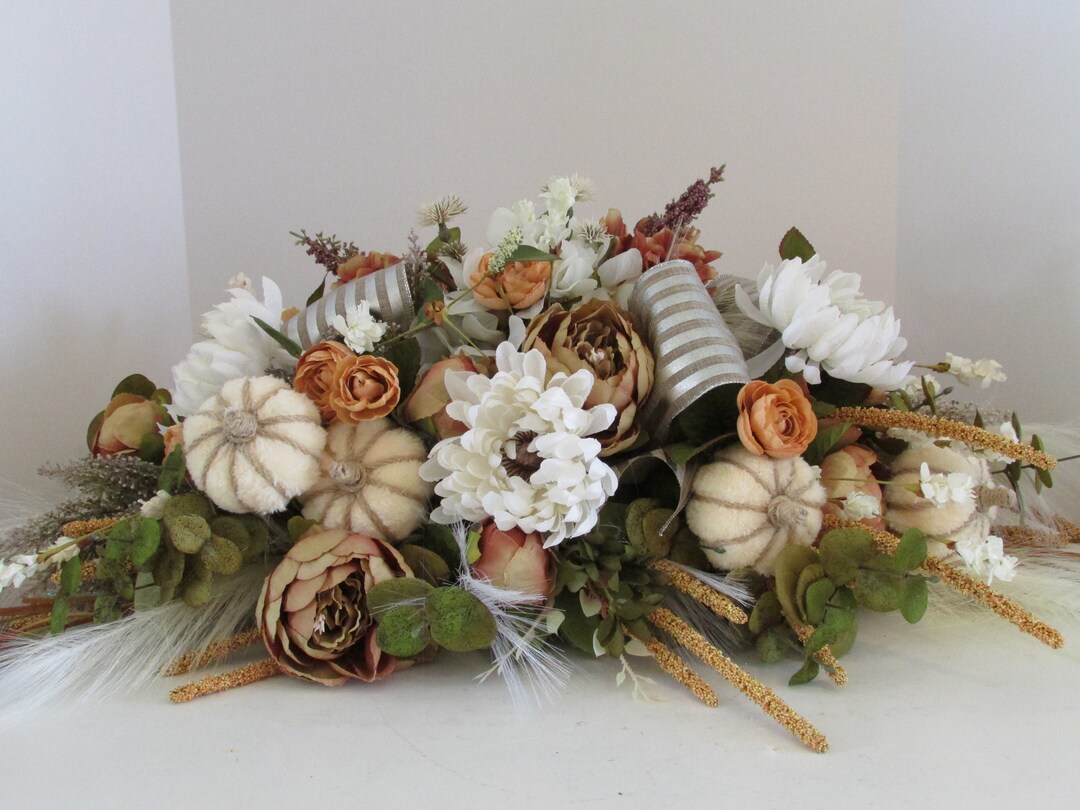 Fall White Mums Centerpiece, Mums and Peonies Fall Arrangement, Beige ...