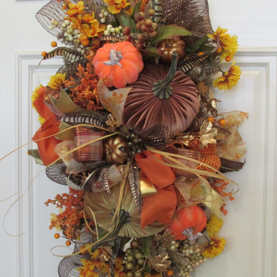 Fall Swag With Velvet Pumpkins, Fall Door Swag, Autumn Swag Decor, Fall ...