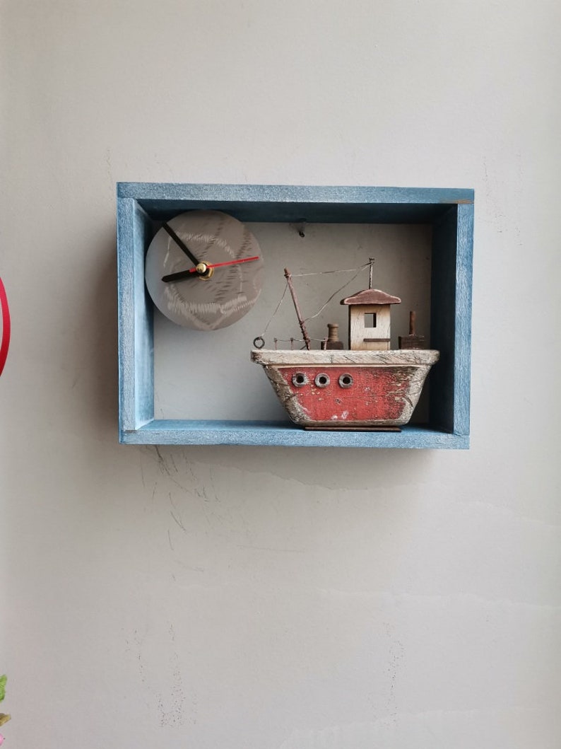 Red Boat Clock Wooden Frame Clock With Wooden Boat Miniature - Etsy