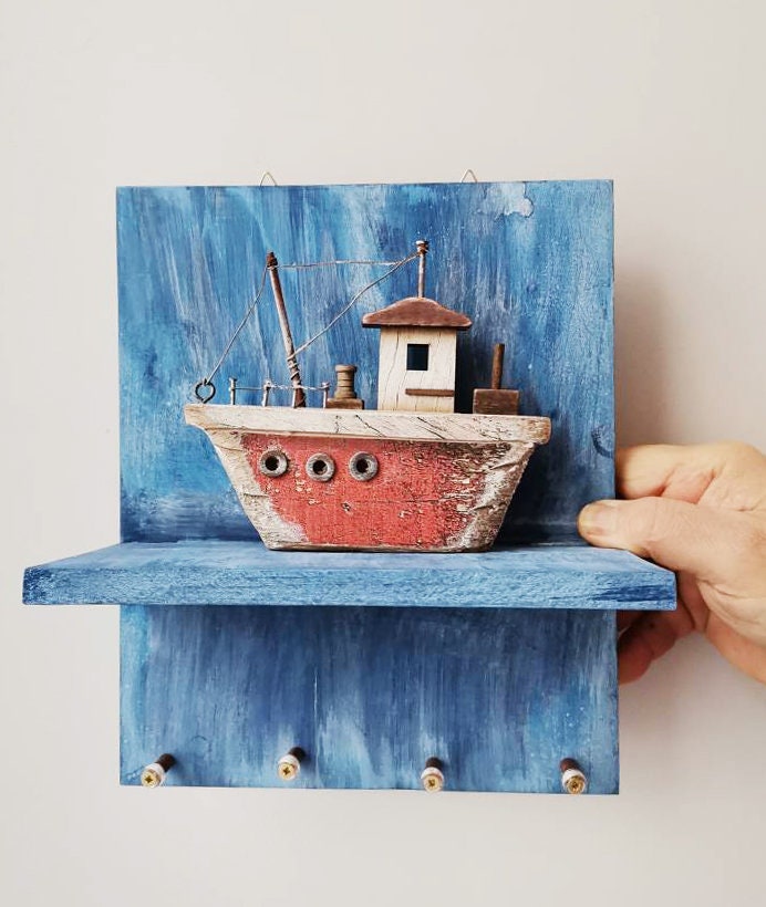 Boat Key Organiser Wooden Shelf With Wooden Boat Miniature - Etsy UK
