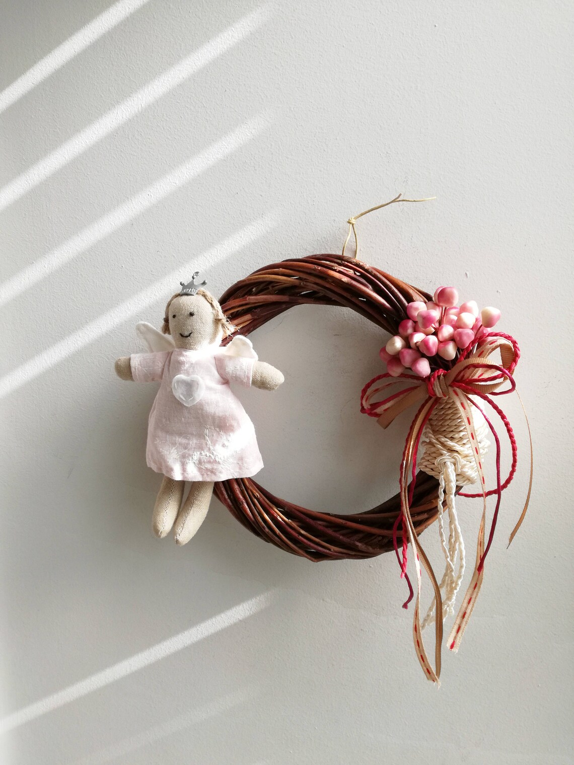 Pink Angel Wreath Baby Angel Wreath Brown Wicker Wreath With - Etsy