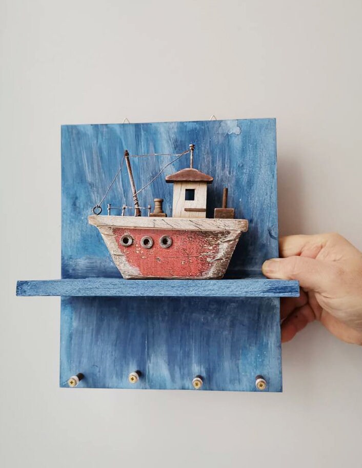 Boat Key Organiser Wooden Shelf With Wooden Boat Miniature - Etsy UK