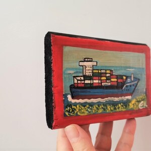 Vintage Folk Painting, Container Ship Painting, Merchant Ship Folk ...