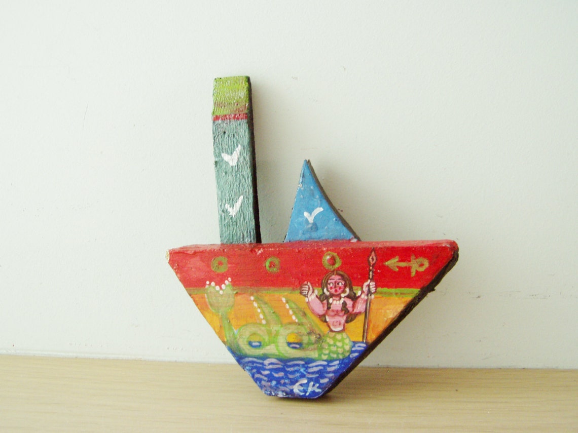 Mermaid on wooden boat folk art shabby boat of reclaimed | Etsy