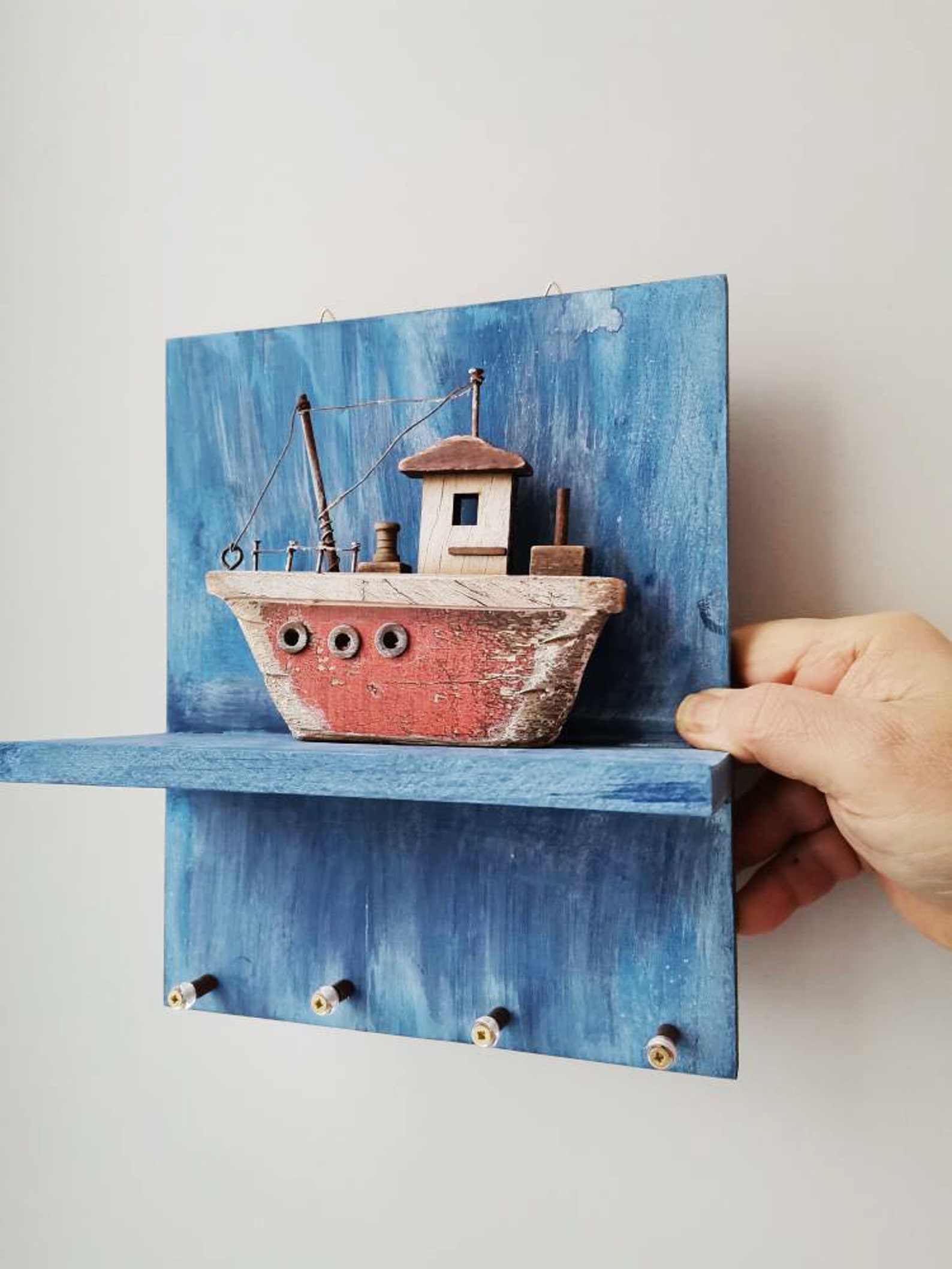 Boat Key Organiser Wooden Shelf With Wooden Boat Miniature - Etsy UK