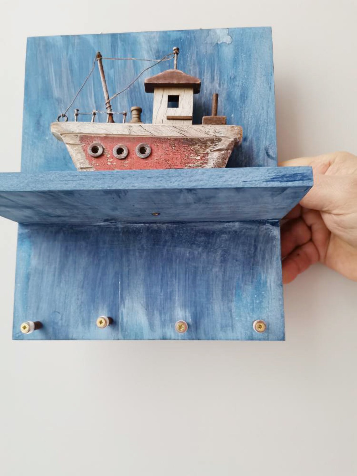 Boat Key Organiser Wooden Shelf With Wooden Boat Miniature - Etsy UK