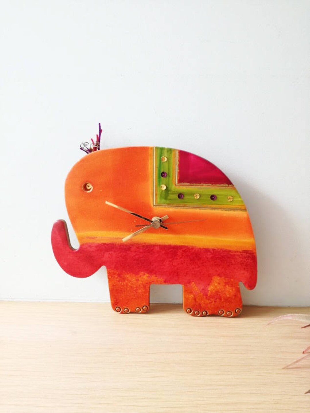 Elephant Wall Clock, Ceramic Wall Clock of Red and Orange Elephant ...