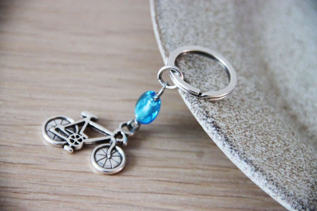 Silver Bicycle Keychain, Alloy Bike Charm With Blue Glass Bead Key Ring ...