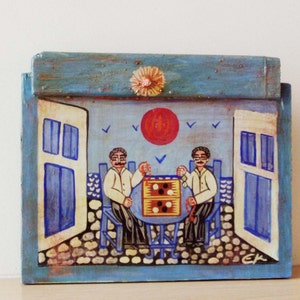 Men Playing Backgammon Vintage Folk Painting on Wood Folk | Etsy