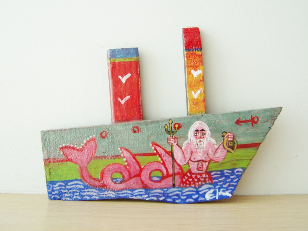 Man Mermaid on Wooden Boat Folk Art Shabby Boat of Reclaimed - Etsy