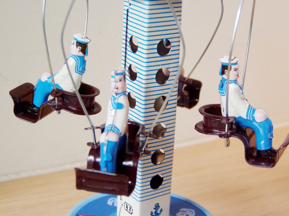 Vintage metal carousel blue and white carnival ride with | Etsy