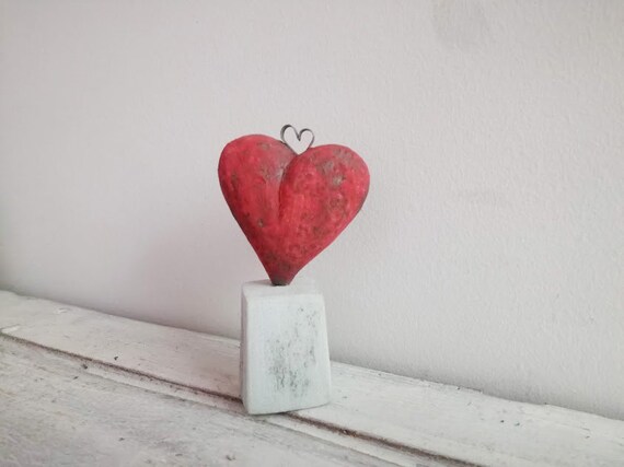 Fine Art Ceramics rustic heart on small pedestal base Red heart ...