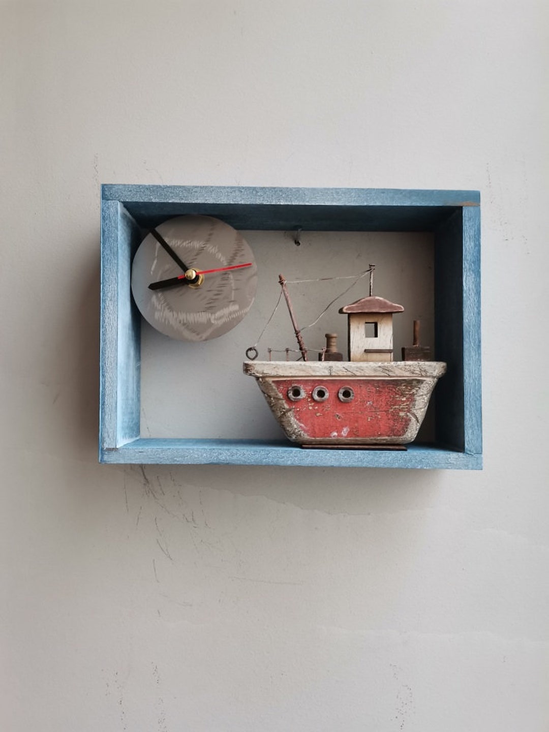 Red Boat Clock, Wooden Frame Clock With Wooden Boat Miniature, Rustic ...