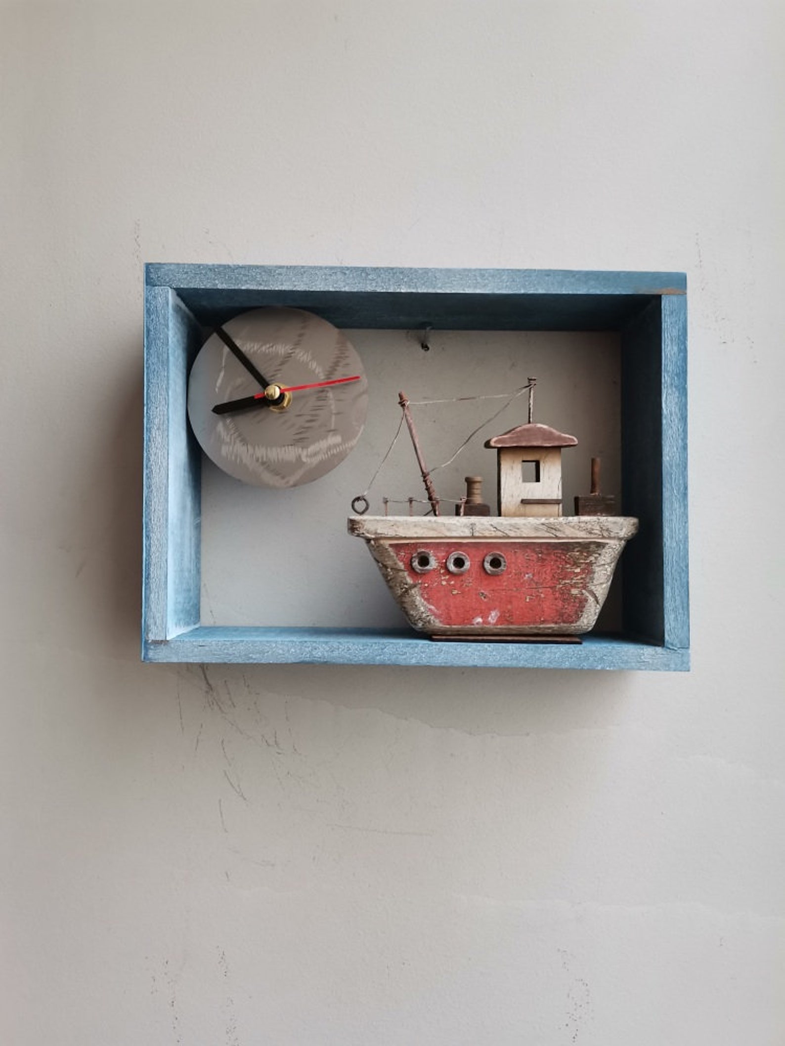 Red Boat Clock Wooden Frame Clock With Wooden Boat Miniature | Etsy