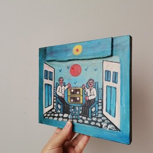 Men Playing Backgammon, Vintage Folk Painting on Wood, Folk Scene of ...