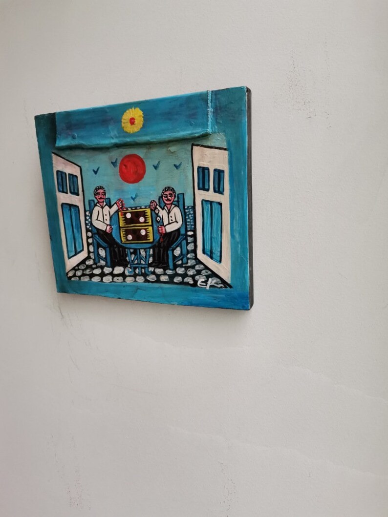Men Playing Backgammon Vintage Folk Painting on Wood Folk - Etsy