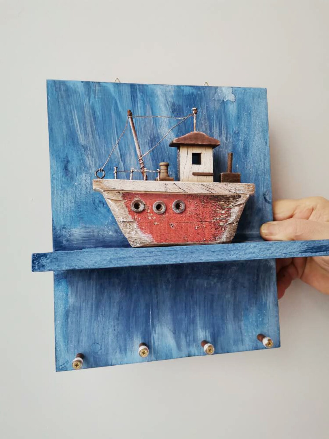 Boat Key Organiser Wooden Shelf With Wooden Boat Miniature - Etsy UK