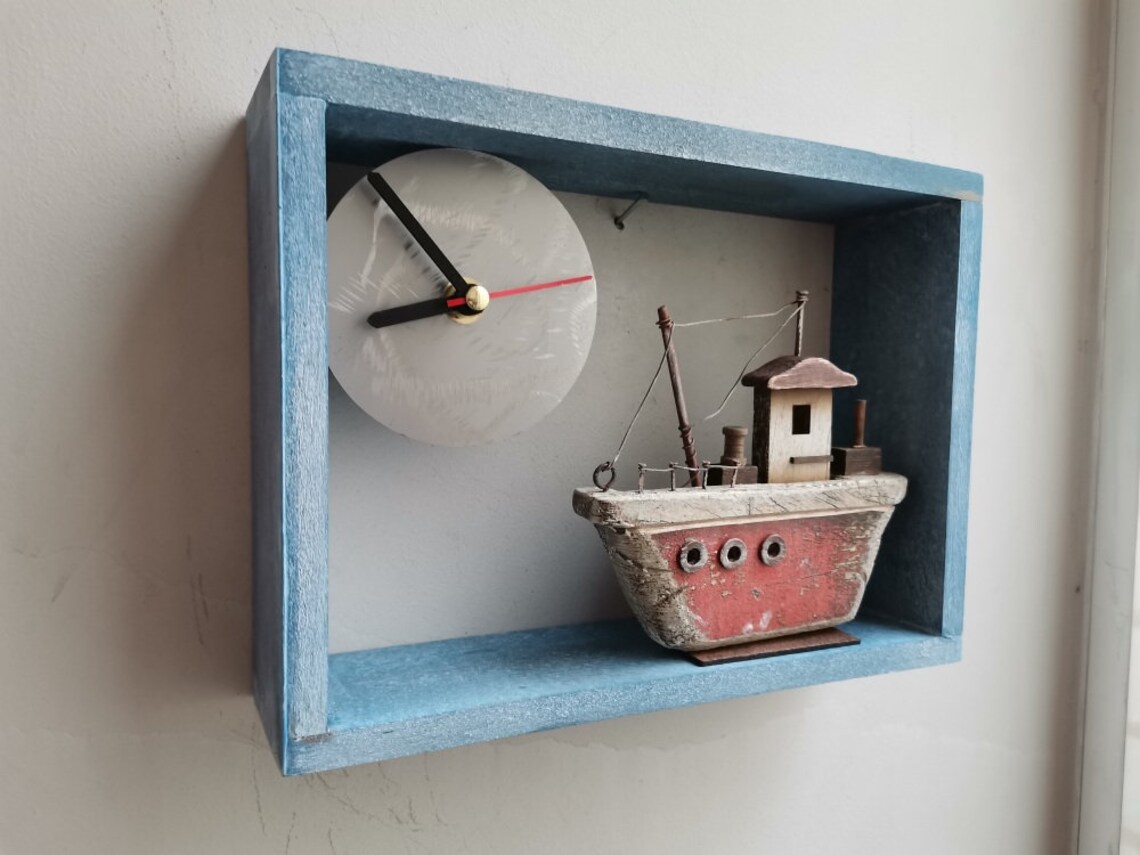 Red Boat Clock Wooden Frame Clock With Wooden Boat Miniature | Etsy