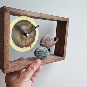 Two Fish Clock, Wooden Frame Clock With Wooden Fish Figures, Rustic ...