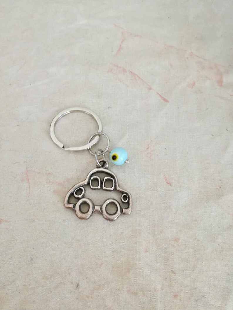 Silver car keychain alloy car charm with blue eye bead key | Etsy