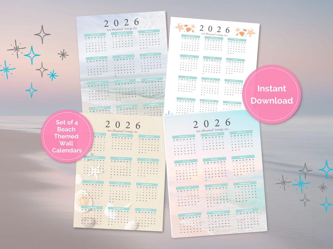 2026 Year at A Glance Set of 4 Beach Themed Wall Calendars, Digital ...