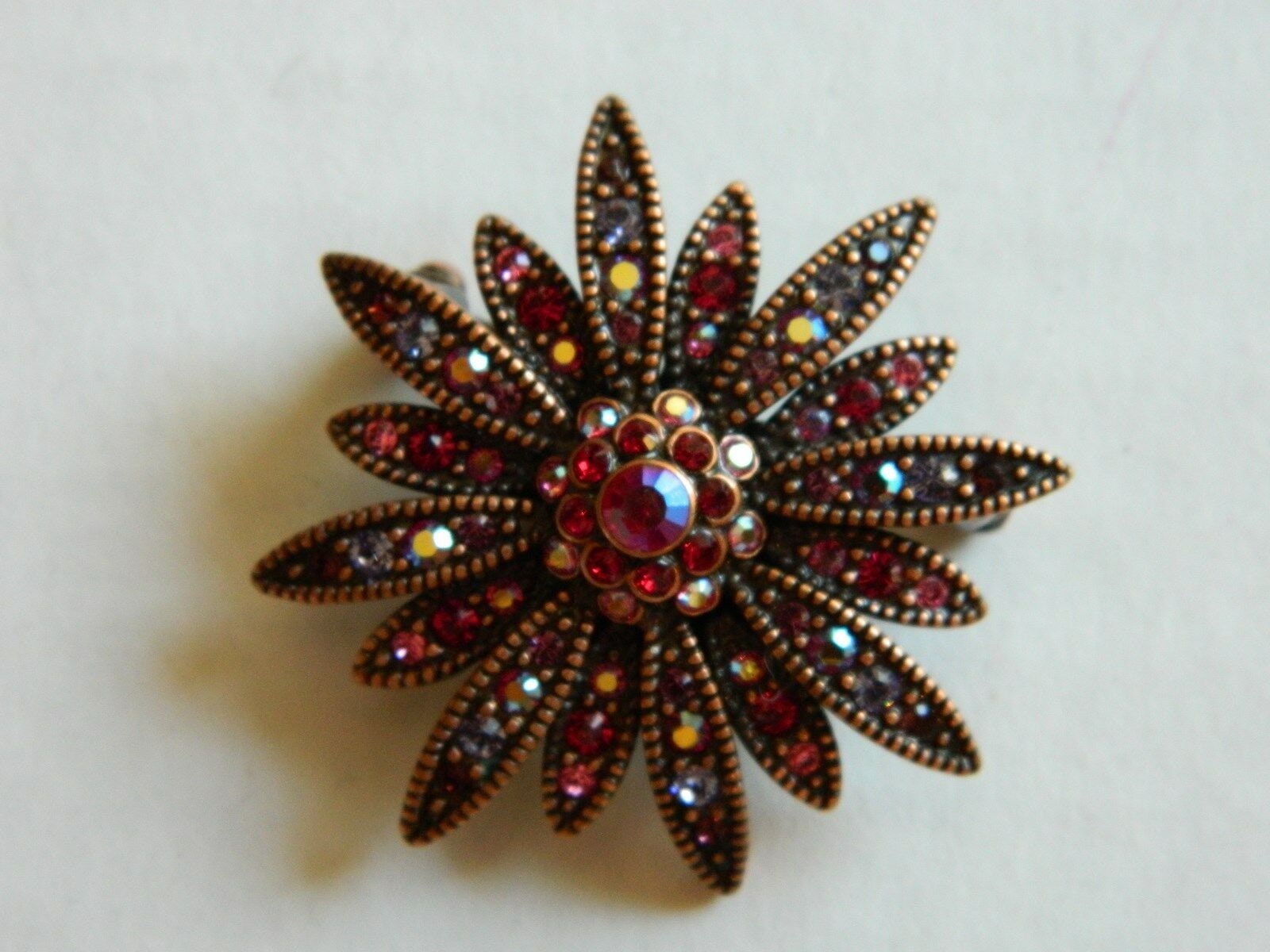 Joan Rivers Flower Brooch with Red Stones and Bronze Metal- S3220