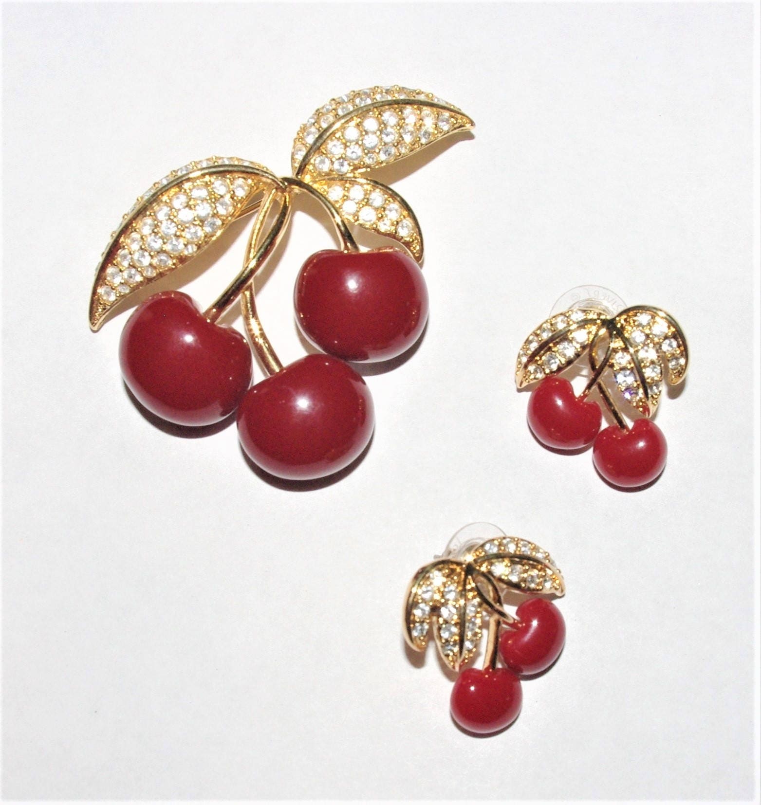 Joan Rivers Jewelry Set - Cherry Brooch and Earrings Red and Gold with ...