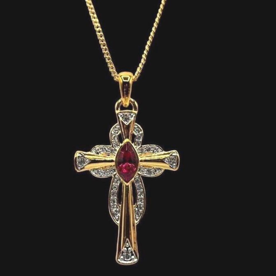 Jackie Kennedy Gold and Red Cross Necklace JBK Gold Cross Necklace With ...