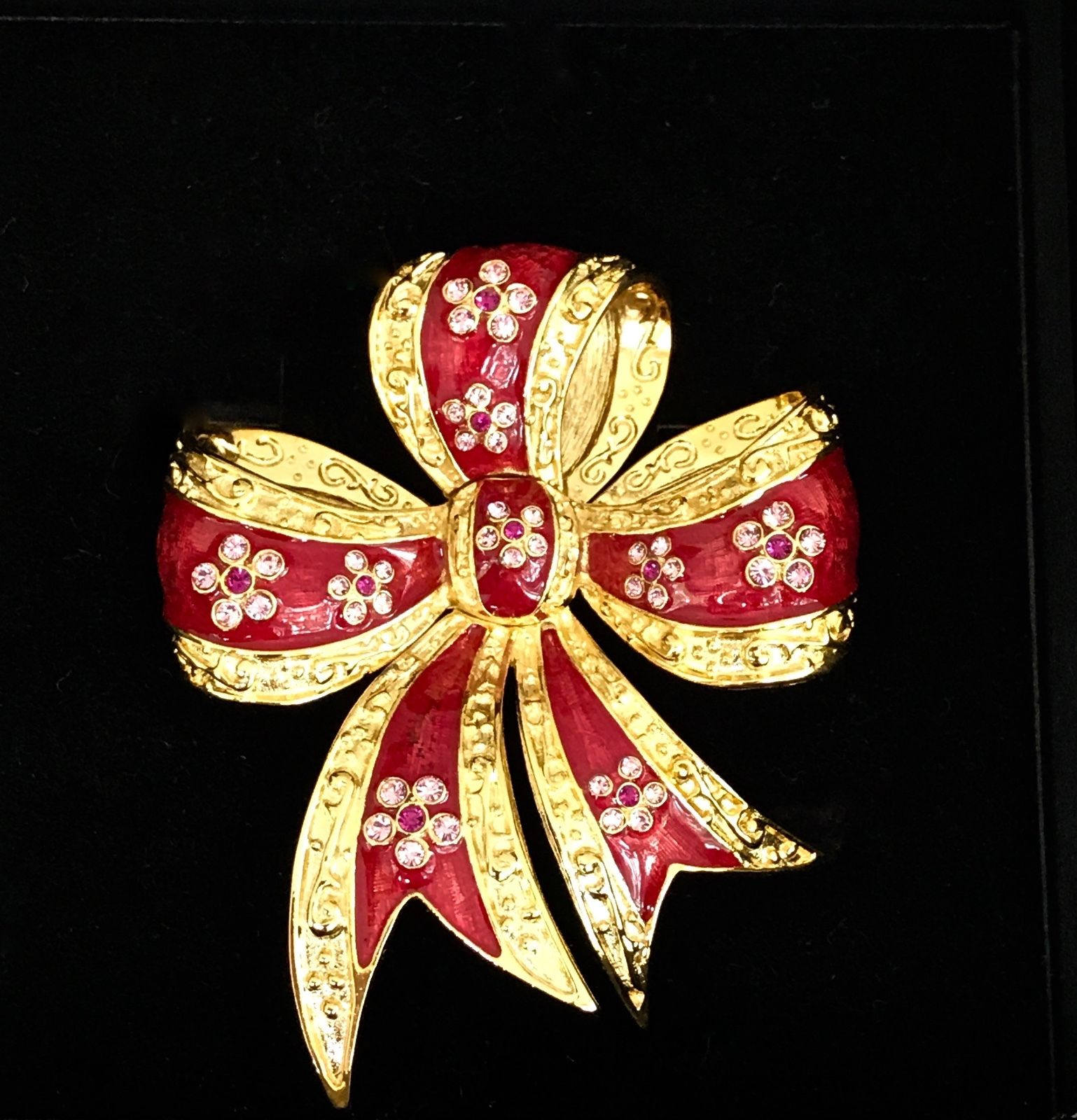 Joan Rivers Bow Pin, Joan Rivers Red Bow Pin with Crystals - - S2177