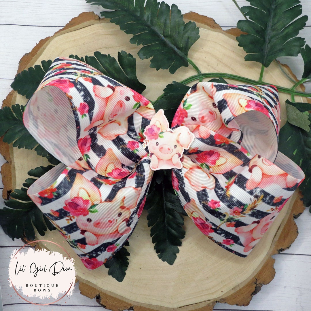 Pig Floral Striped Bow, Farm Style Bows, Springtime Bows, Girl Hair ...