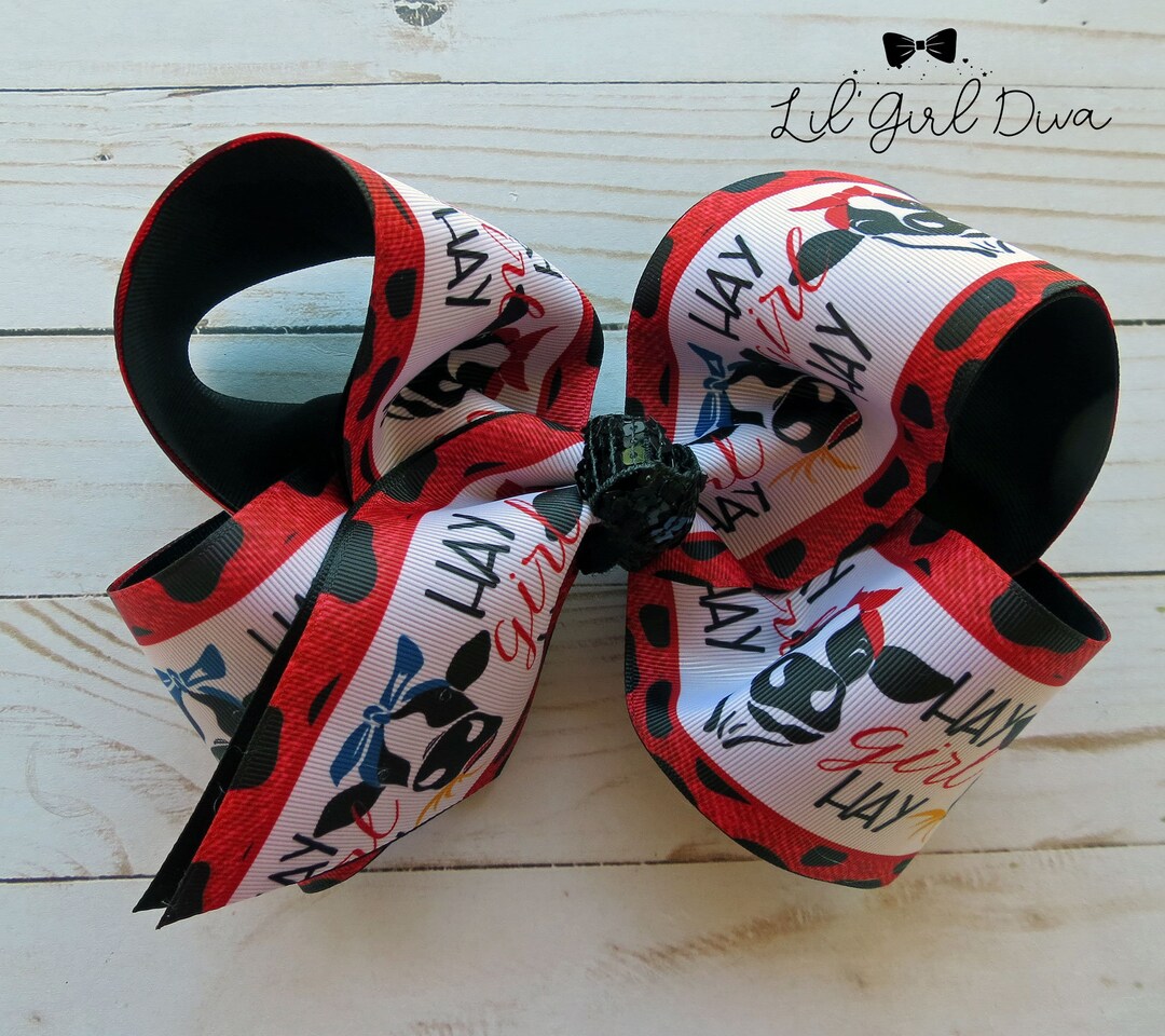 XL Hay Girl Hay Cow Bow, Farm Style Bows, Western Style Hair Bows, Cow ...