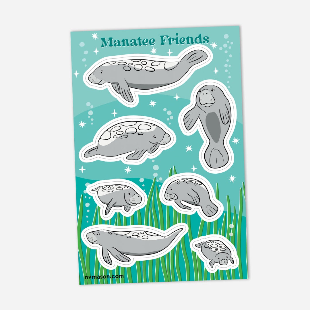Manatee Stickers Sheet With 7 Friendly Manatees. Florida Native Animals ...