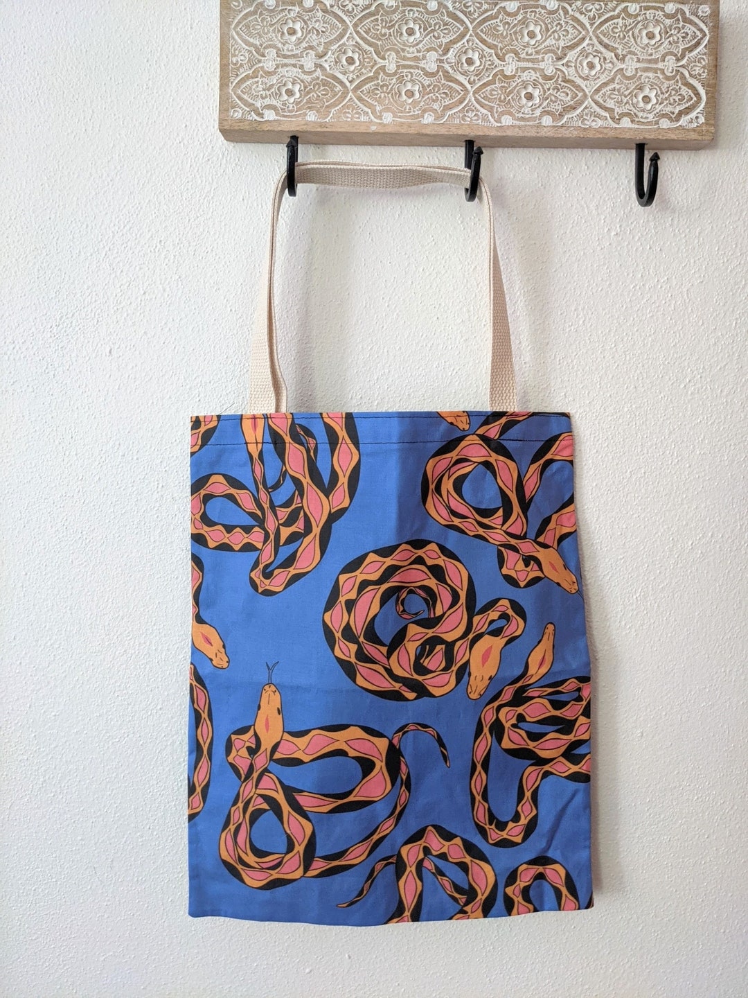 Snake Tote Bag - Deep Periwinkle Large Reusable Cotton Grocery Bag ...