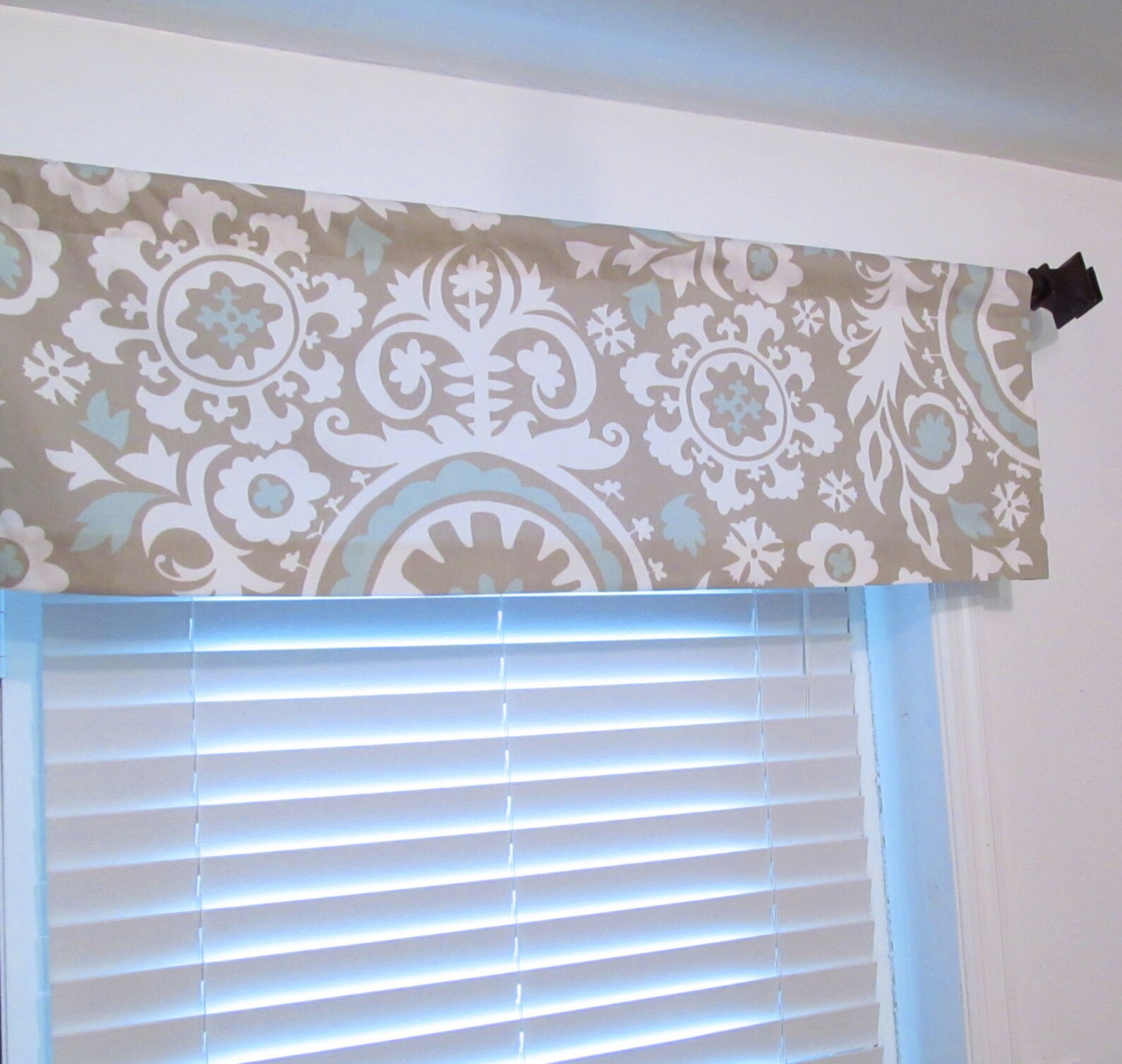 Straight Window Valance/ Suzani Powder Blue-taupe-white/ Custom Sizing ...