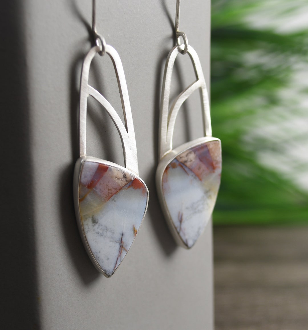 Opalized Wood Earrings, Dangle Style, Art Nouveau, Fine Silver, Fossil ...