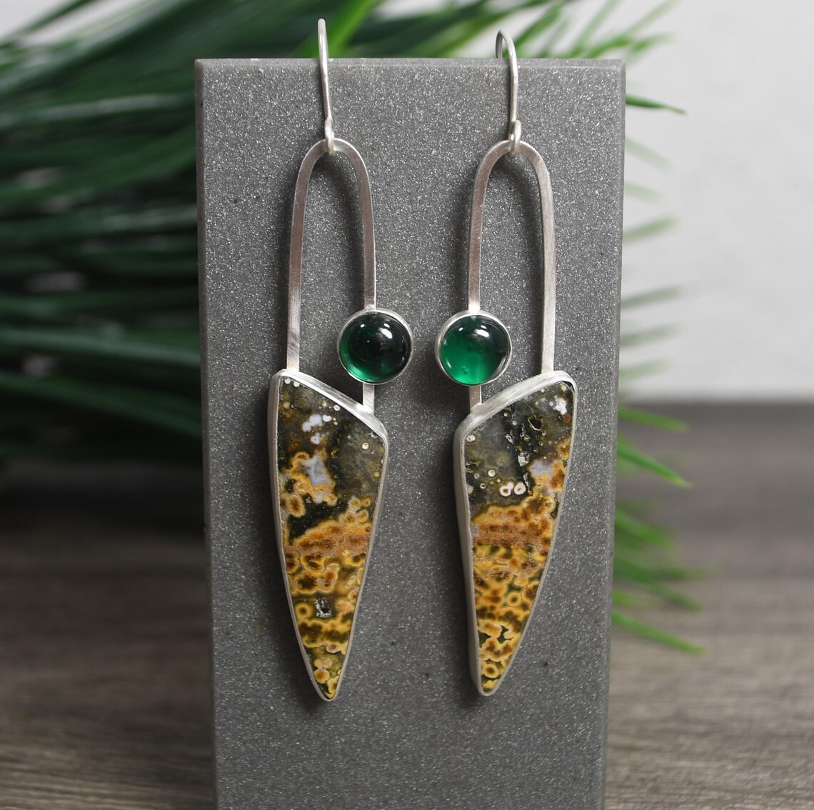 River Jasper Earrings, Emerald Gemstones, Dangle Style, Fine Silver ...