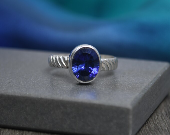 Sapphire Ring, Size 7.5, Lab Created Gemstone, Indigo Blue Color ...