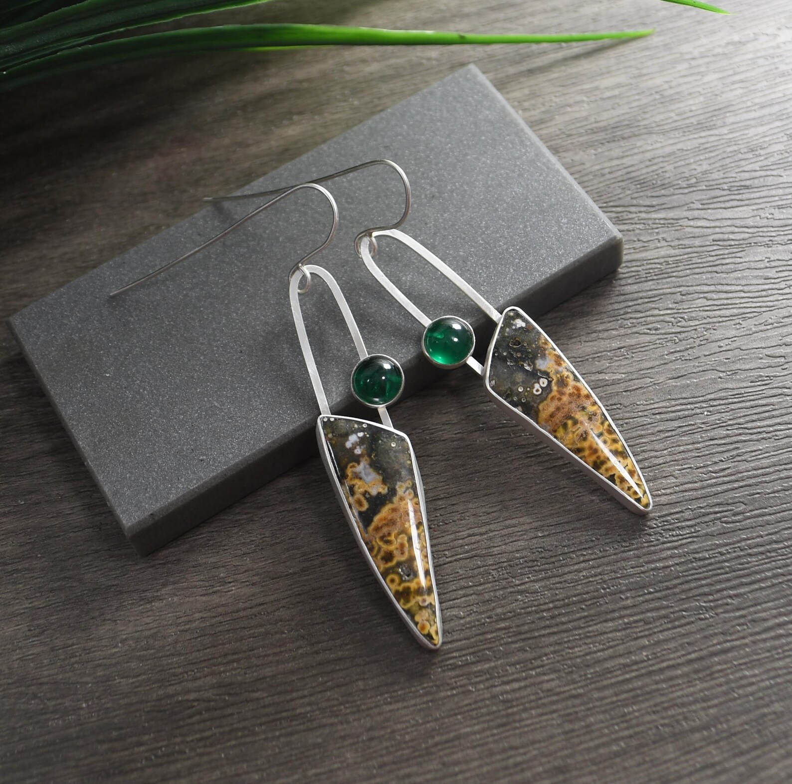 River Jasper Earrings, Emerald Gemstones, Dangle Style, Fine Silver ...