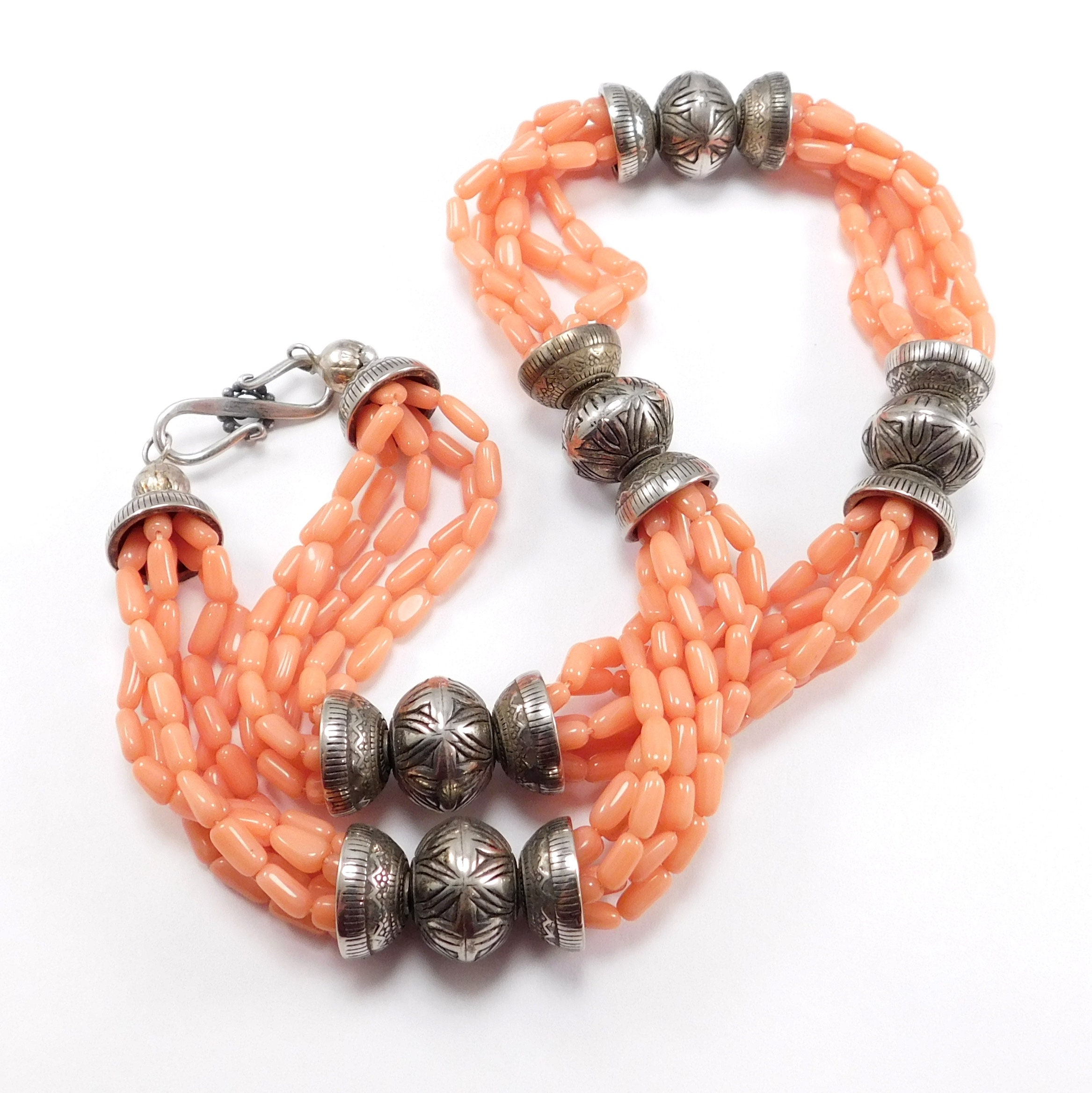 Southwest Silver Bench Bead And Coral Multistrand Necklace Southwest Silver Bench Bead And Coral Multistrand Necklace