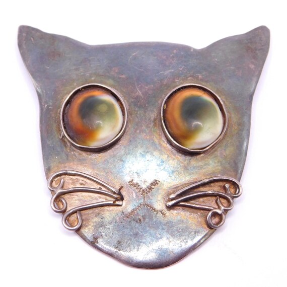 Rare Artisan Sterling Silver Cat Brooch With Operculu… - Gem