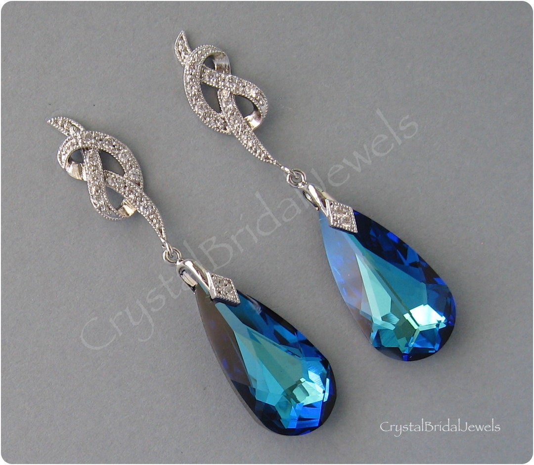 Bermuda Blue Swarovski Crystal Drop Earrings: Rhodium or Gold Plated - Etsy