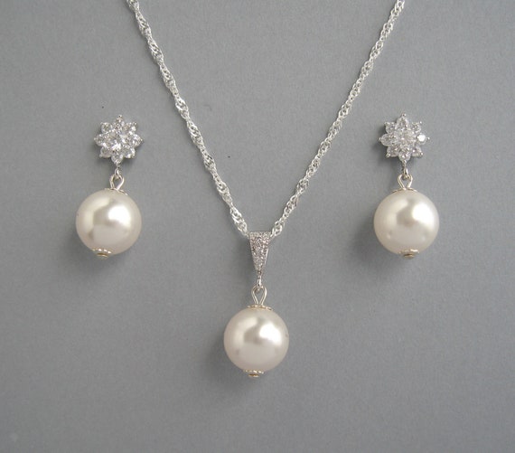 Bridal Jewelry Bridesmaid Gift Genuine Swarovski Pearl Set Necklace and Earrings Set White Rose Purple grey gift for Her Flower cb150 Etsy