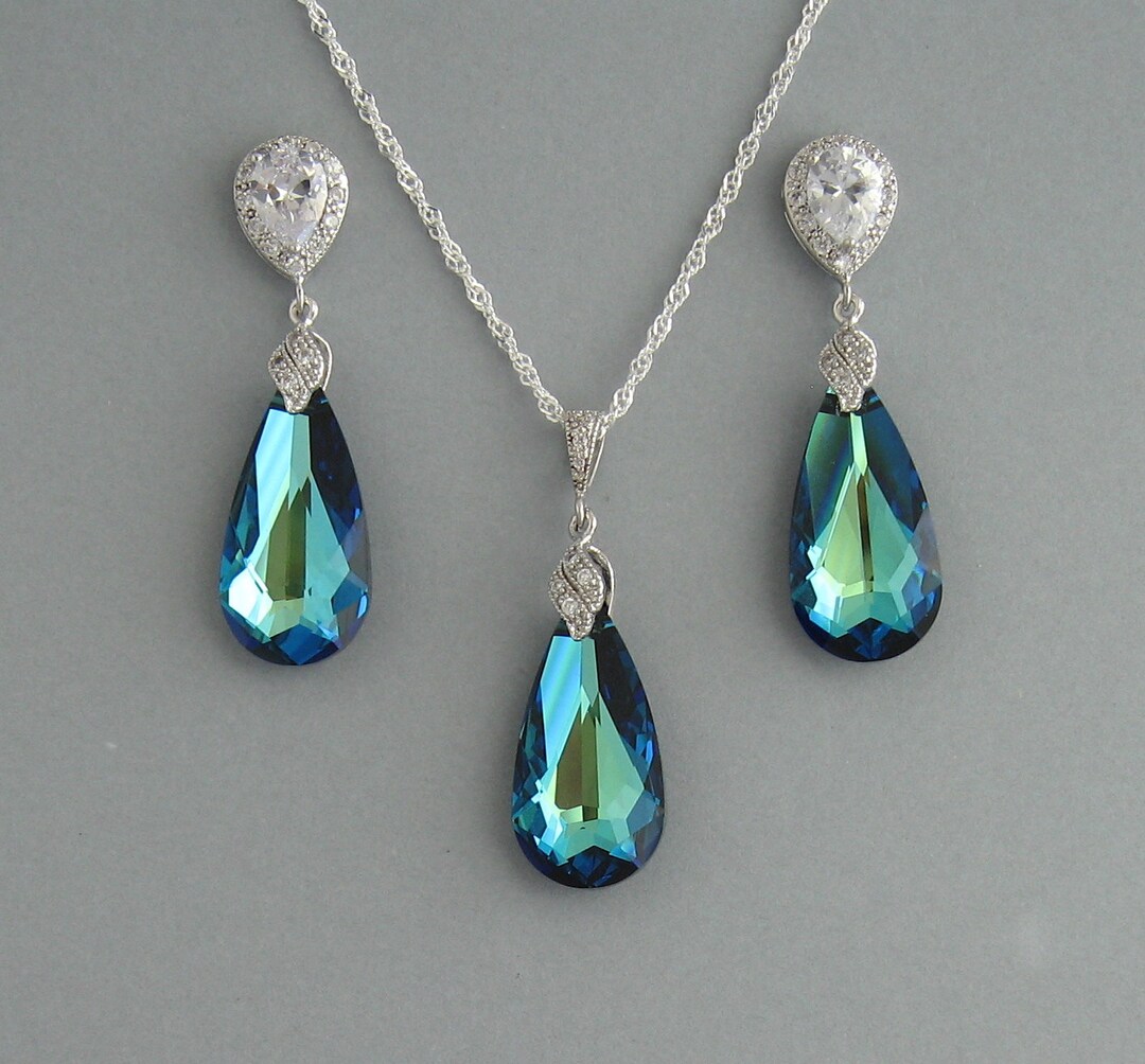 Bermuda Blue Swarovski Crystal Jewelry Set: Rhodium or Gold Plated - Etsy