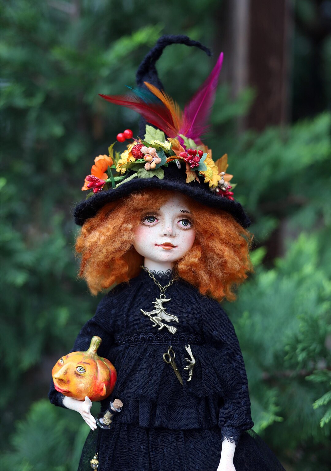Handmade Ginger Witch Doll in Black Collectible Halloween Figurine ...