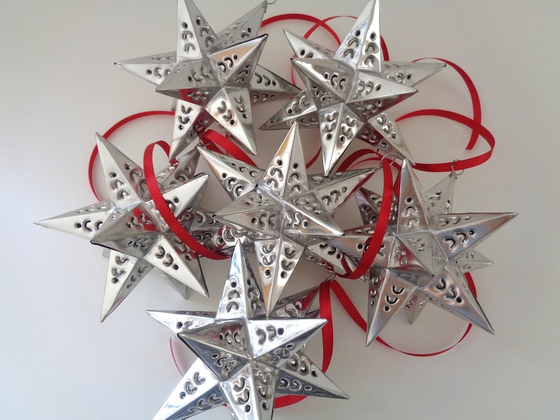 Set of 6 Silver Tin Moravian Star Ornaments: Handmade Christmas Decor ...